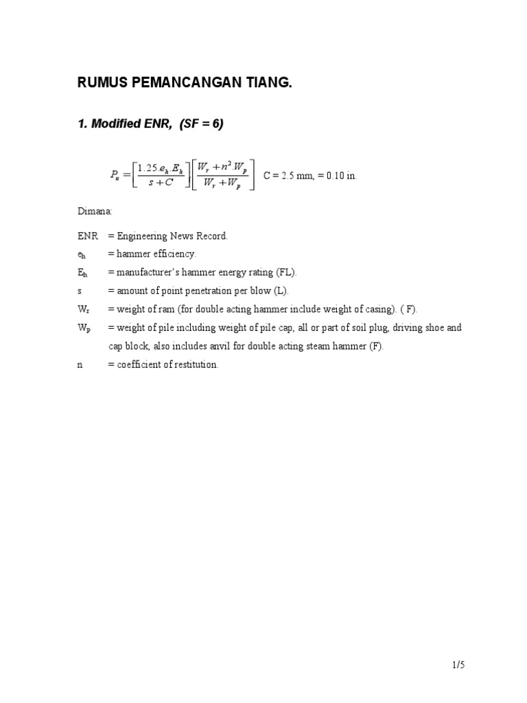 Formulas for Pile Driving: Modified ENR Method and Hiley's Formula ...