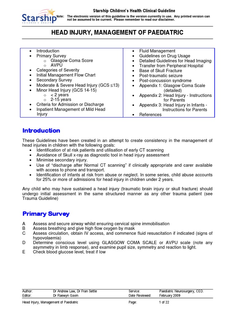 Head Injury Management of Pediatric | PDF | Traumatic Brain Injury ...
