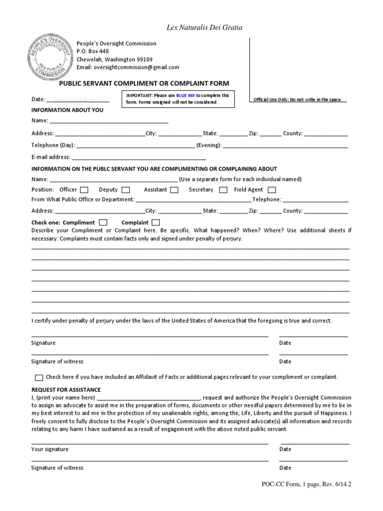 Public Servant Compliment or Complaint Form: Lex Naturalis Dei Gratia ...