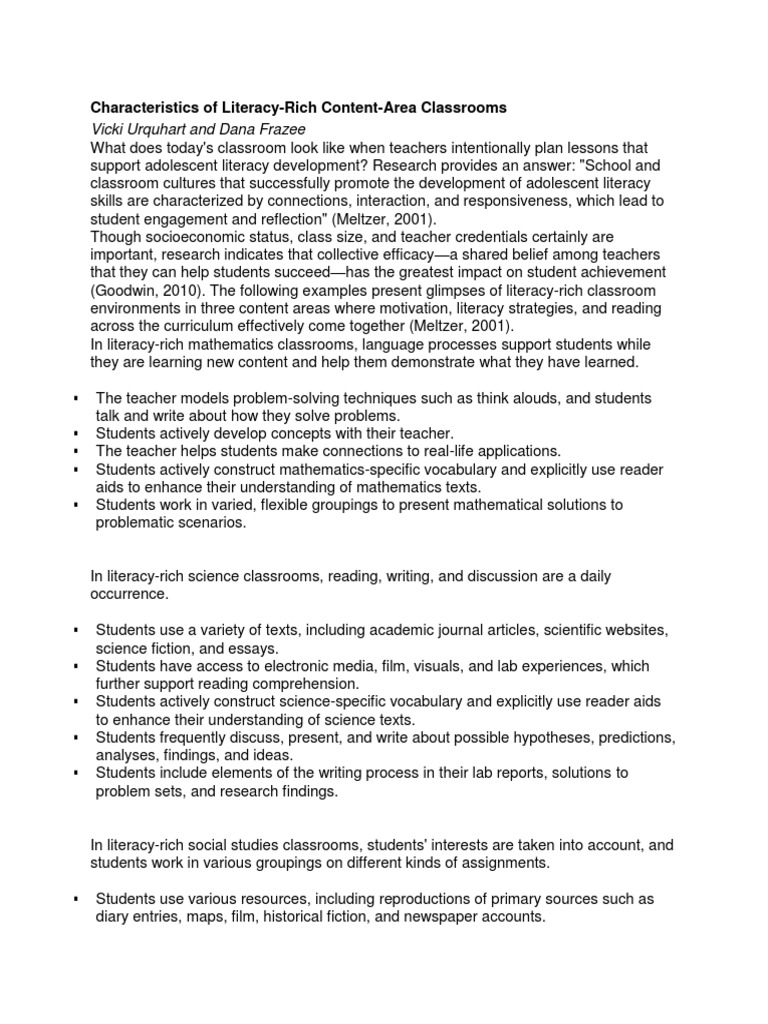 Characteristics of Literacy-Rich Classrooms | PDF | Reading ...
