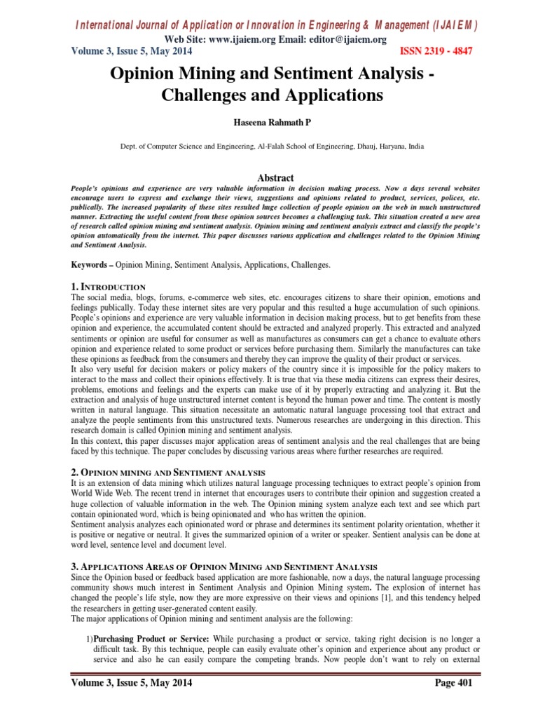 Opinion Mining and Sentiment Analysis - Challenges and Applications ...