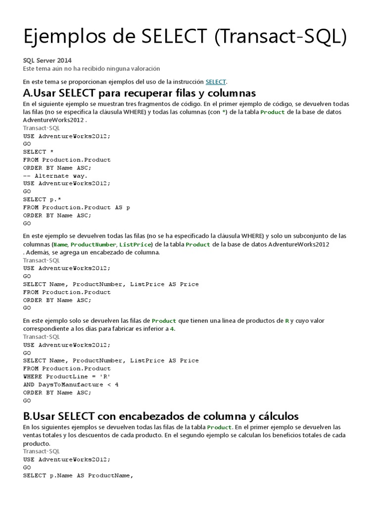 Ejemplos de SELECT | PDF | Servidor SQL de Microsoft | Tabla (base de datos)