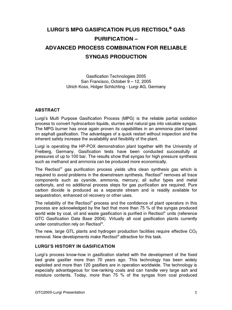 Lurgi's MPG Gasification Plus Rectisol | PDF | Gasification | Natural Gas