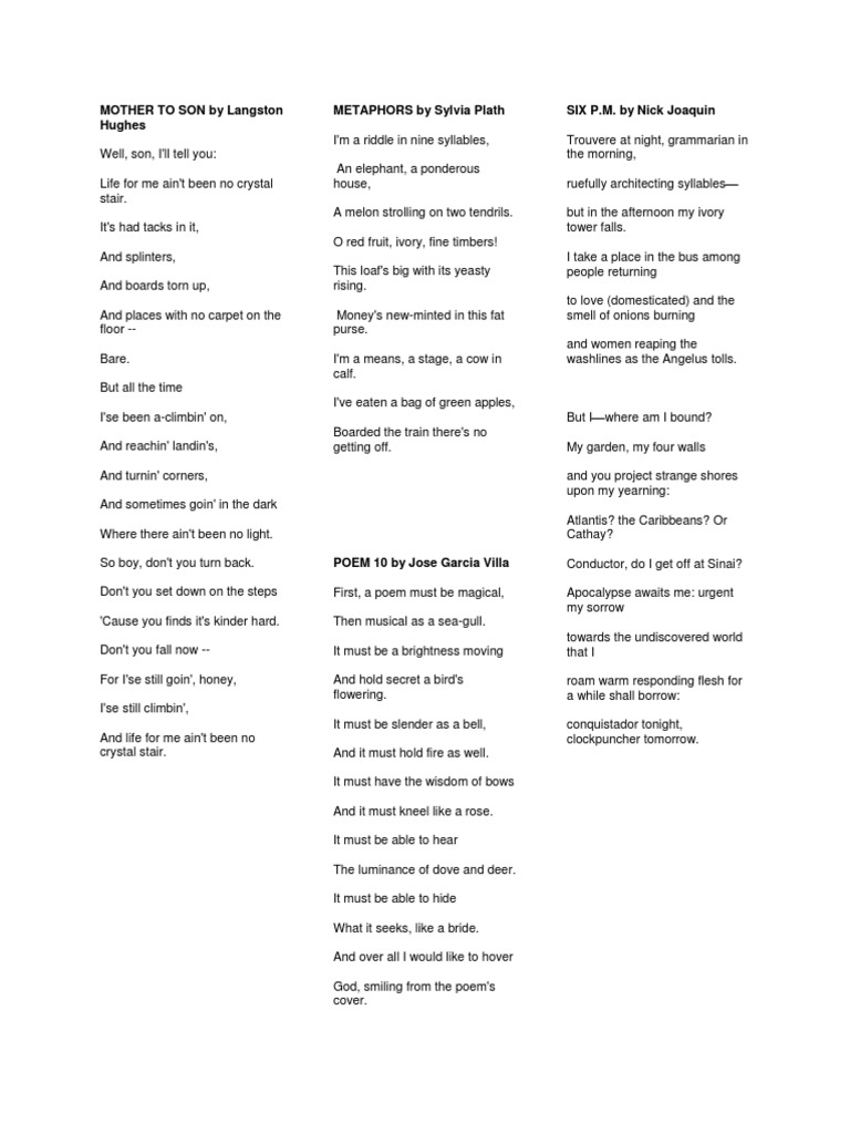 MOTHER To SON by Langston Hughes | PDF