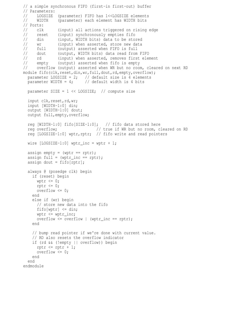Synchronous FIFO Buffer in Verilog | PDF