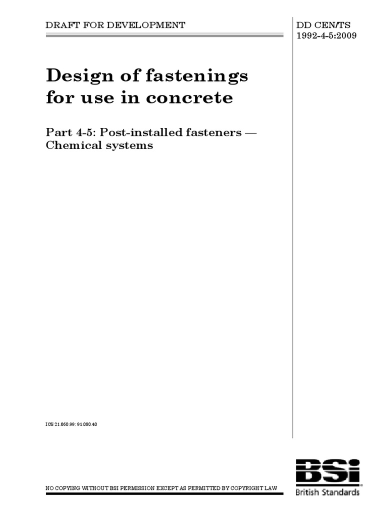 Design of Fastenings For Use in Concrete - DD CEN TS 1992-4!5!2009 | PDF | Engineering