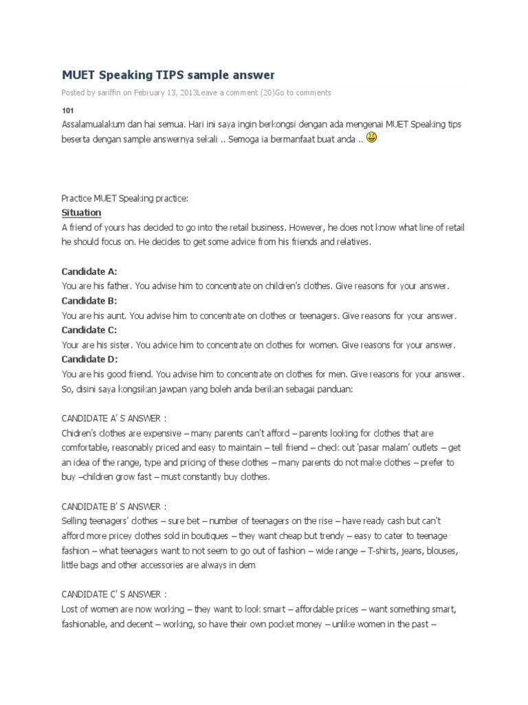 MUET Speaking TIPS Sample Answer | PDF | Clothing | Business