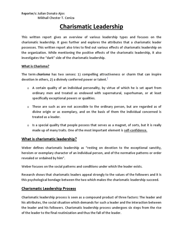Charismatic Leadership Written Report | PDF | Charisma | Leadership