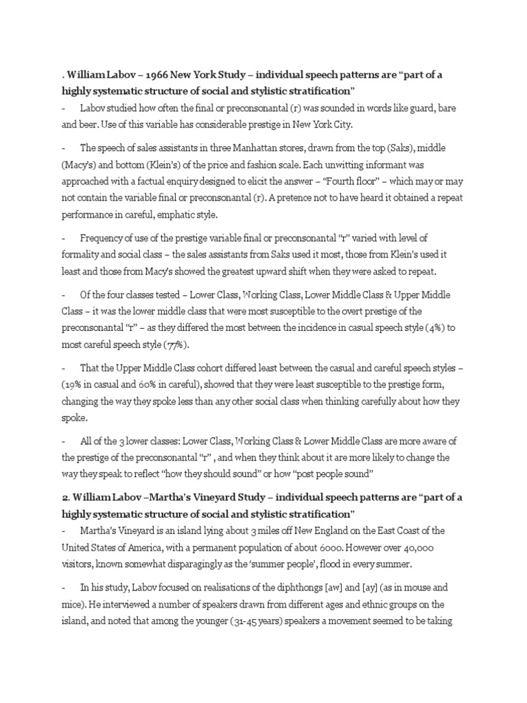 Labov's Studies on Speech and Prestige | PDF | Social Science