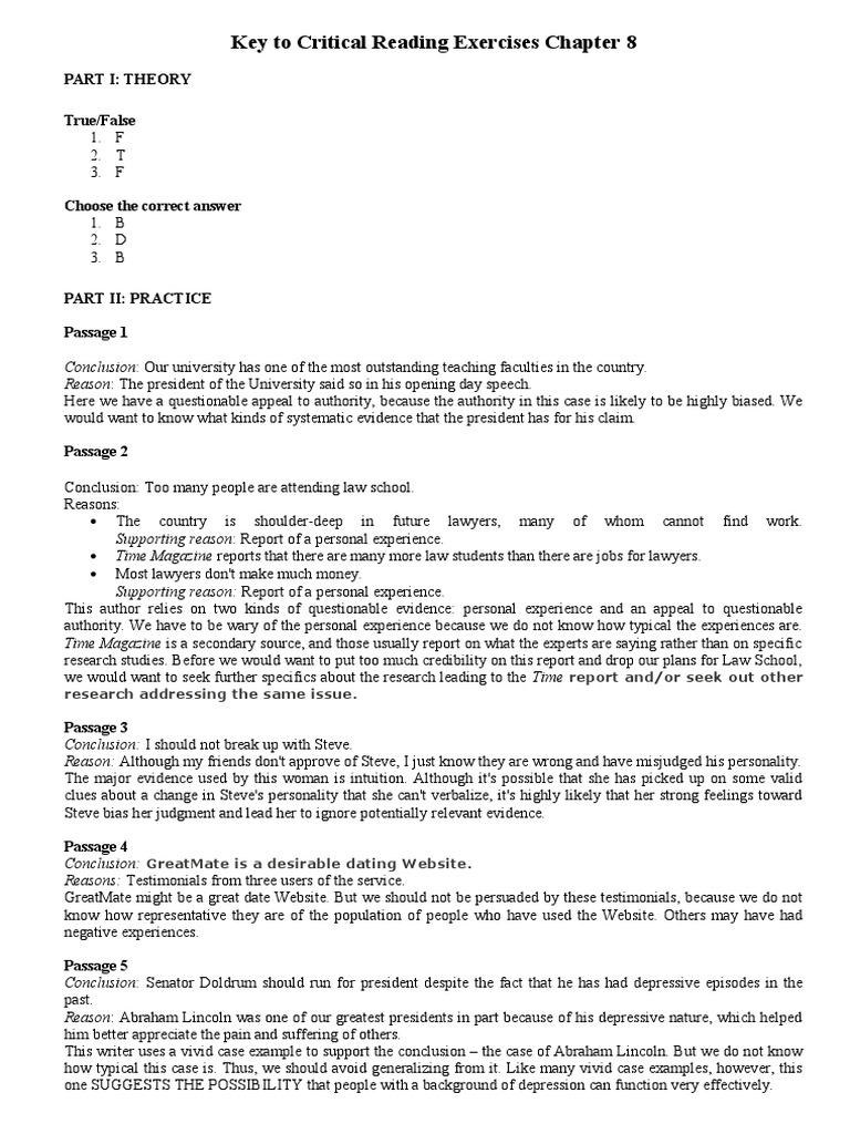 Critical Reading Exercises Chapter 8 Evidence1 | PDF | Truth | Psychology