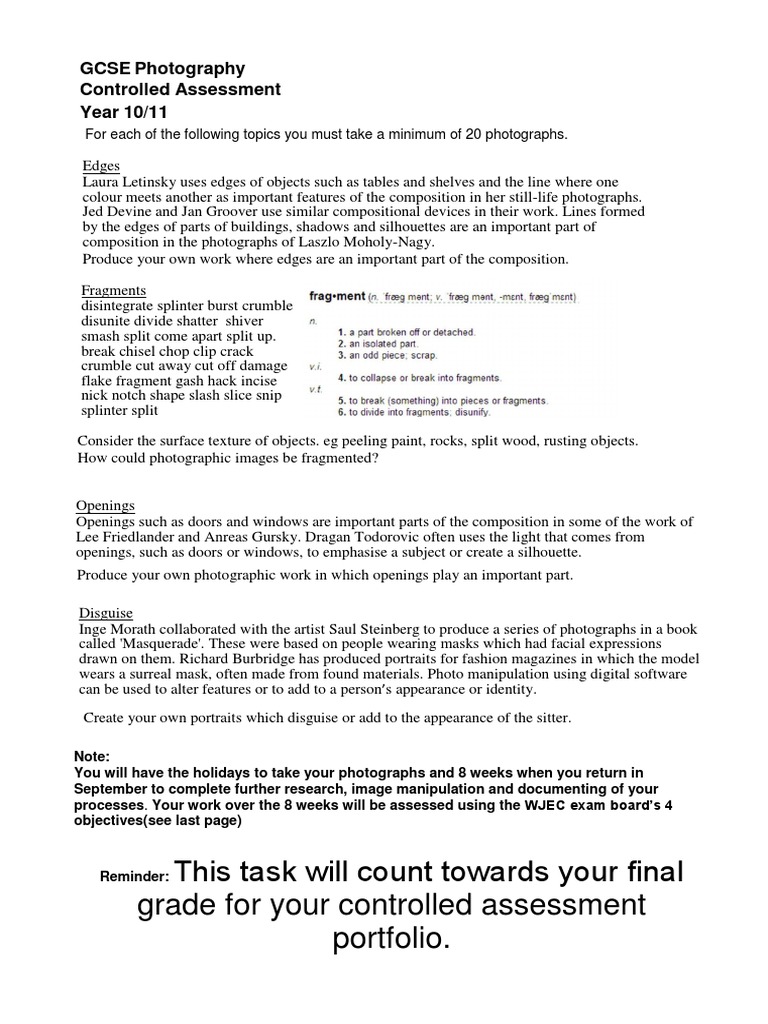 GCSE Photography Controlled Assessment Guide | PDF | Evaluation ...