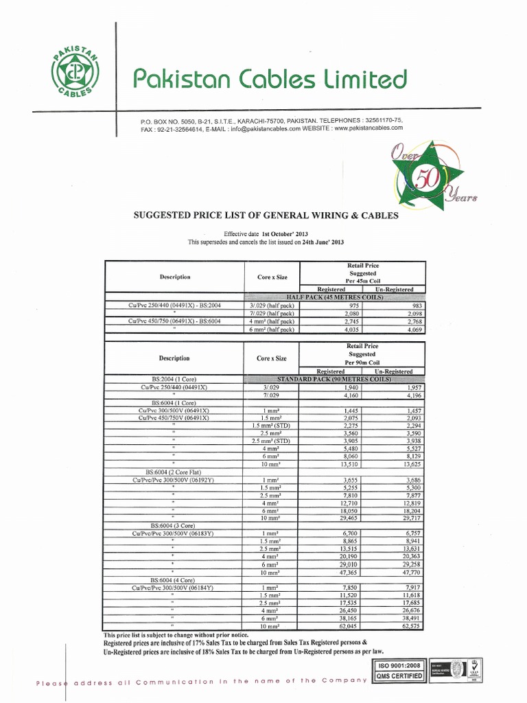 Pakistan Cables Price List | PDF | Electromagnetism | Electrical Components
