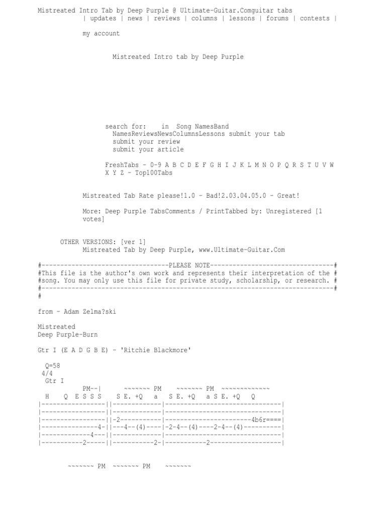 Mistreated Intro Tab by Deep Purple at Ultimate-Guitar - Com | PDF ...