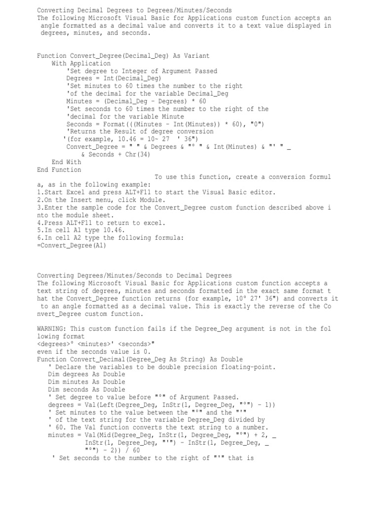 Decimal to DMS Conversion in VBA | PDF | Integer (Computer Science) | Microsoft Excel