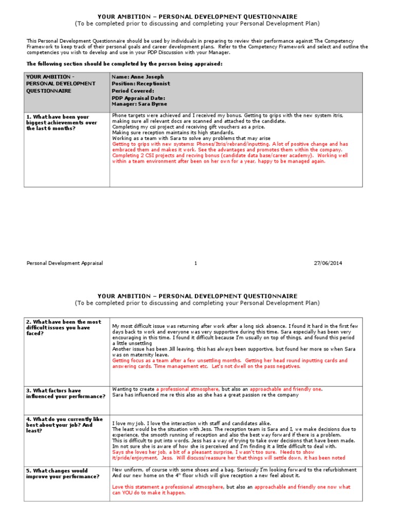 AnneCS Personal Development Questionnaire Doc Aug2010 | PDF