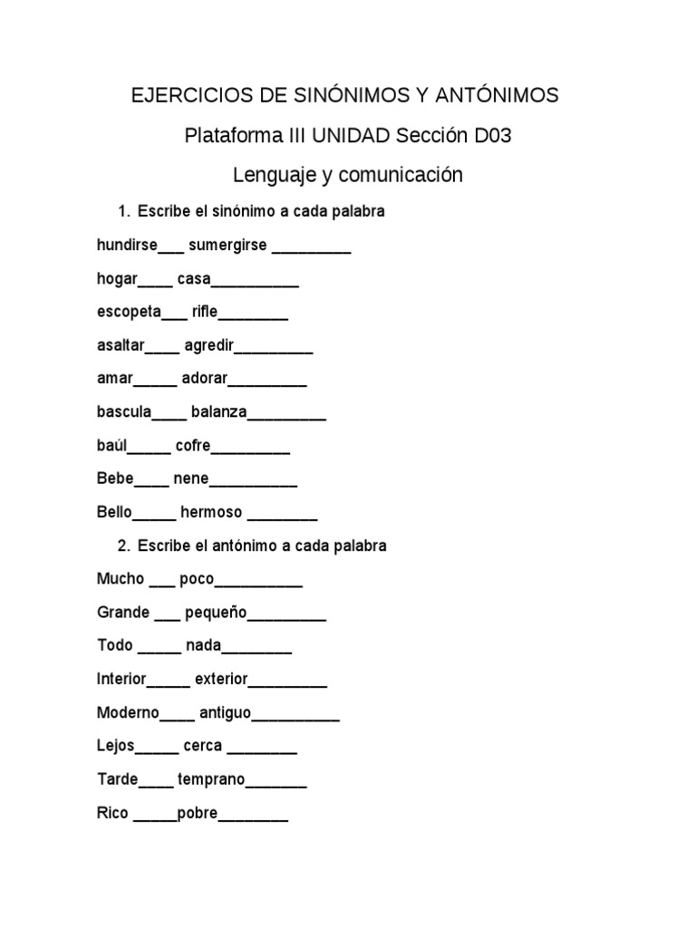 Fichas De Trabajo De Sinónimos, Antónimos Y Homónimos LOS