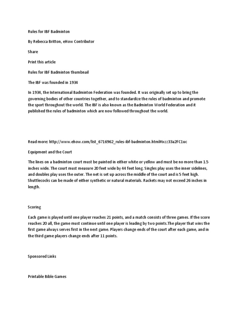 Rules For IBF Badminton | Download Free PDF | Teams | Recreation