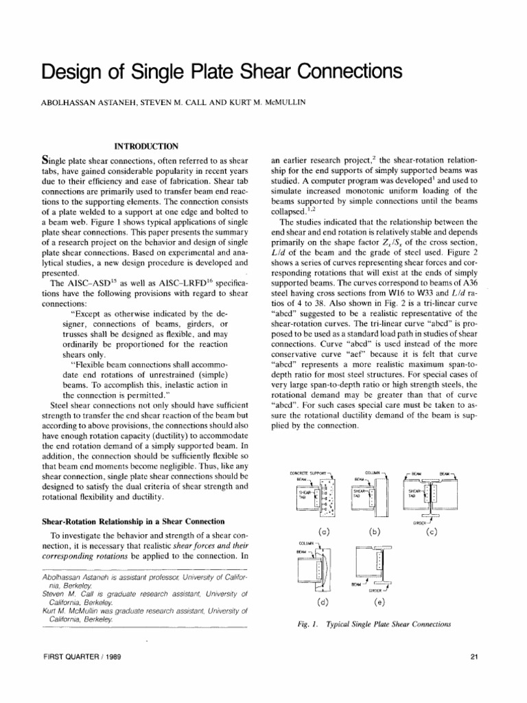 Design of Single Plate Shear Connections | Structural Steel | Yield ...