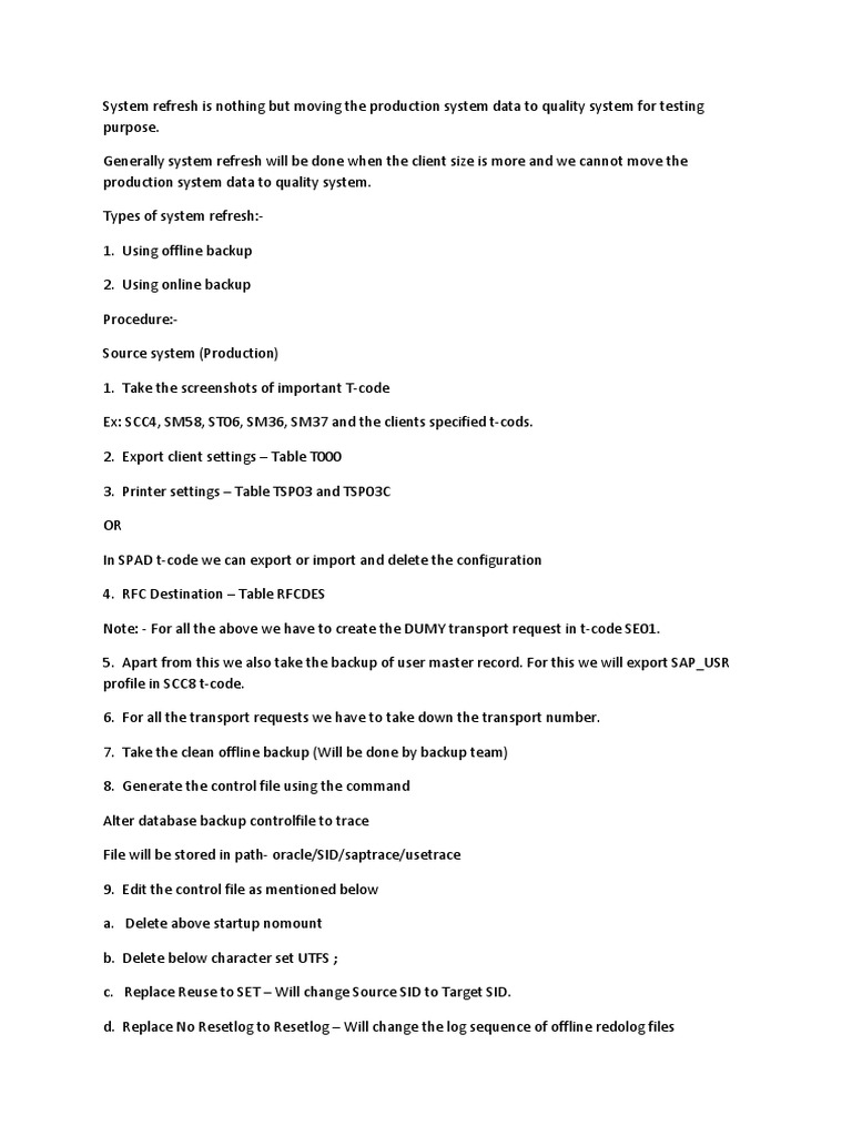 System Refresh Sap Procedure Pdf Oracle Database Backup