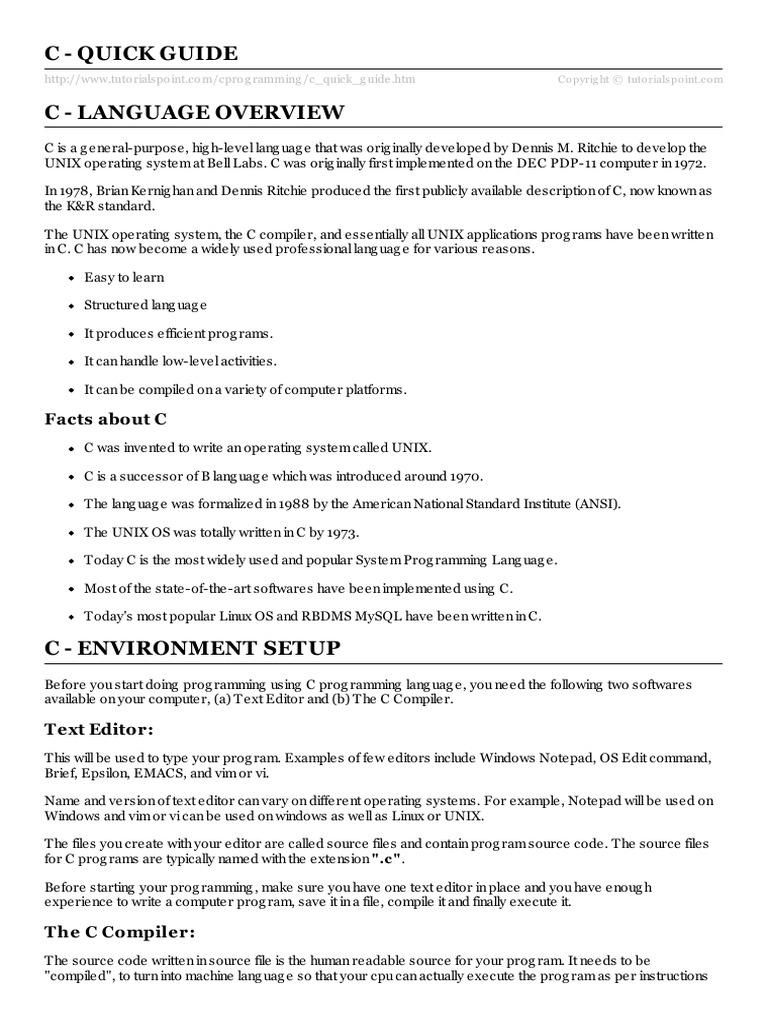 C Quick Guide | PDF | Control Flow | Data Type C Quick Guide | PDF | Control Flow | Data Type
