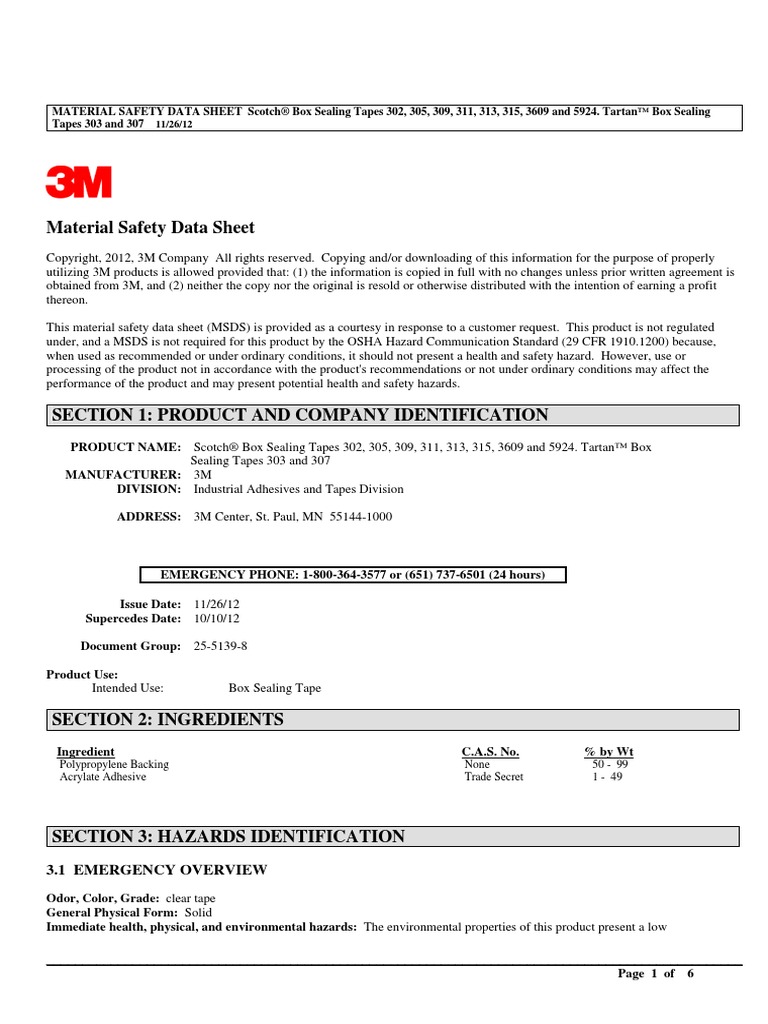 3M 309 MSDS | Personal Protective Equipment | Chemistry