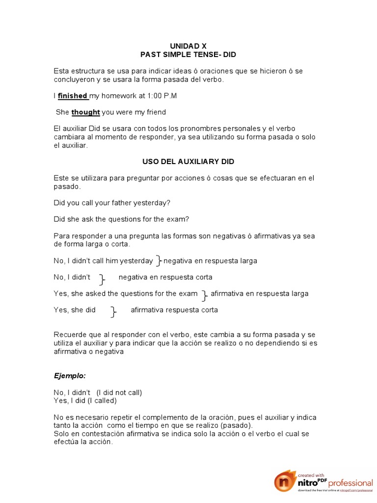 Uso del auxiliar "did" en pasado simple | PDF | Verbo | Lingüística