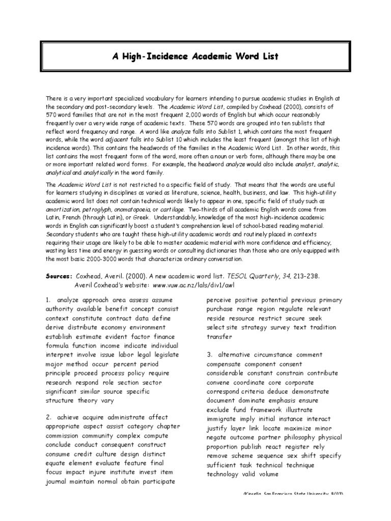 Handout4 Academic Word List | PDF | Cognition | Cognitive Science