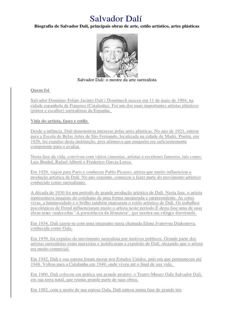 Biografia e Obras de Salvador Dalí | PDF | Salvador Dalí | Surrealismo