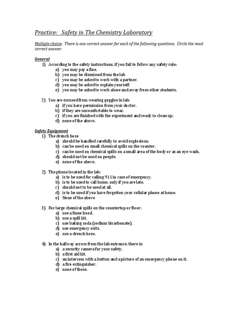 Chemistry Lab Safety MCQ Practice | PDF | Chemistry | Nature