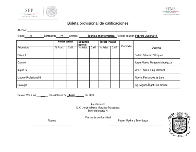 Boleta Provisional de Calificaciones CUARTO SEMESTRE | PDF
