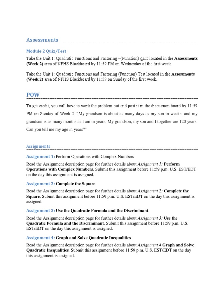 Quadratic Functions Assessments Guide | PDF