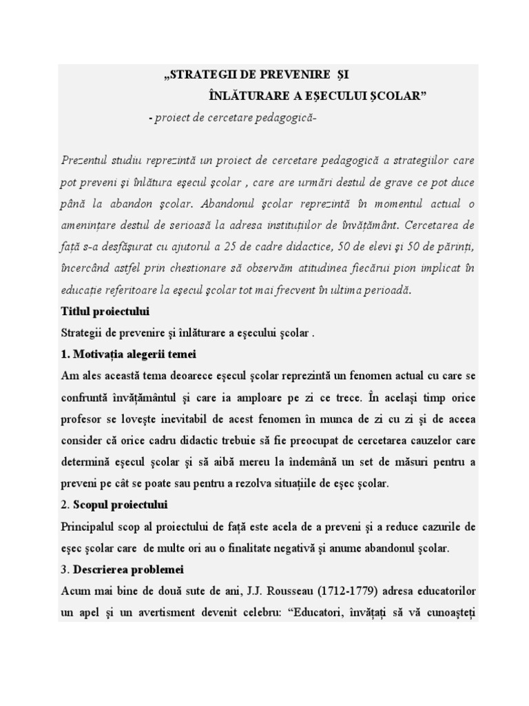 Esecul Scolar Proiect de Cercetare | PDF