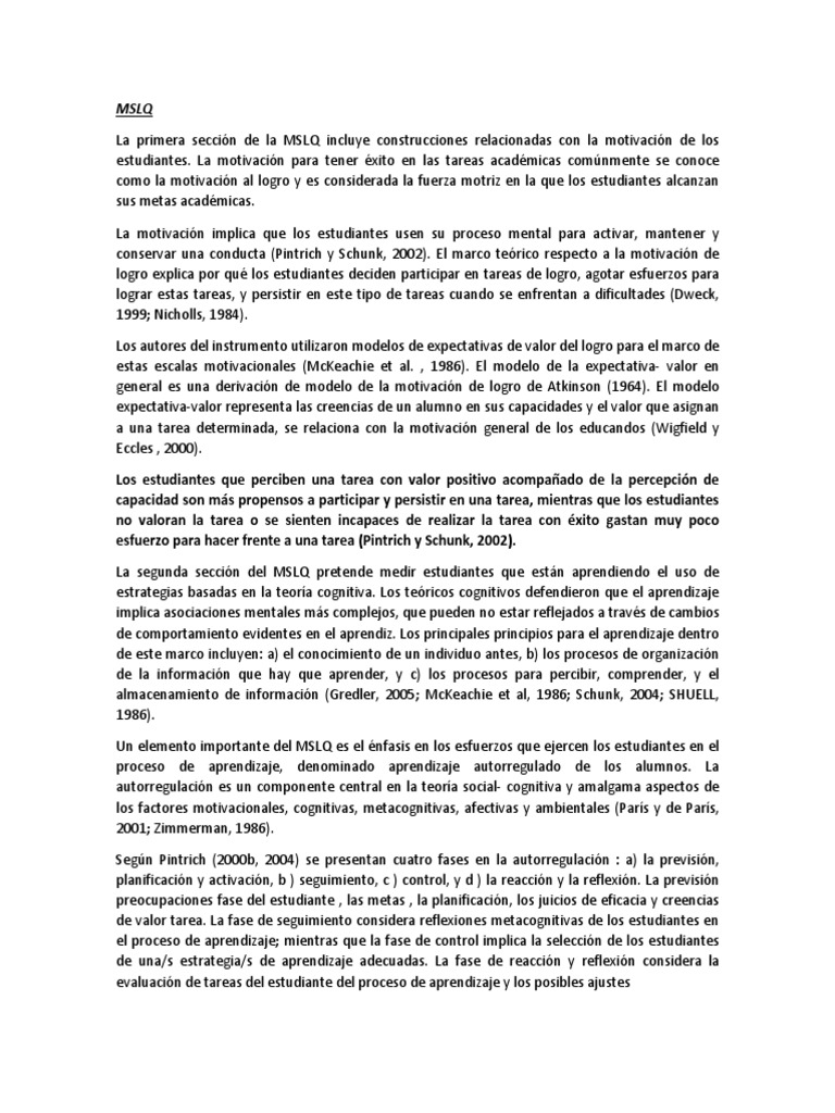 Cuestionario MSLQ sobre Motivación Estudiantil | PDF | Motivación ...