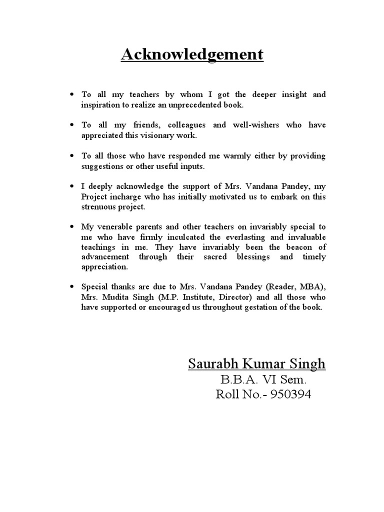 Acknowledgement: Saurabh Kumar Singh | PDF | Customer Relationship ...