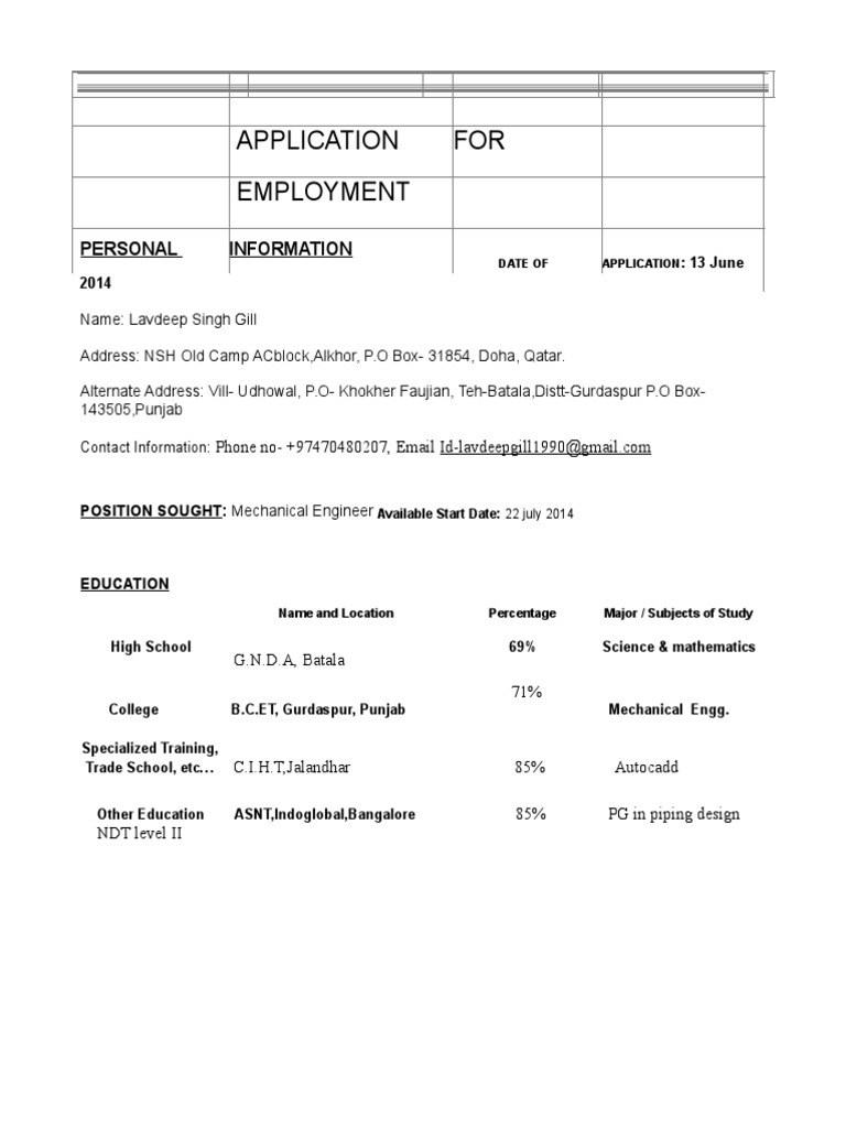 Mechanical Engineer Job Application | PDF | Computers | Technology ...