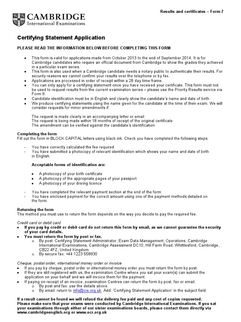 Cambridge Certifying Statement Guide | PDF | Money Order | Cheque