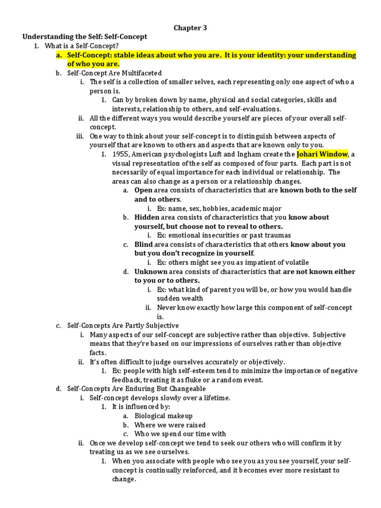 Interpersonal Communications Chapter 3 Pdf Self Concept Self Esteem