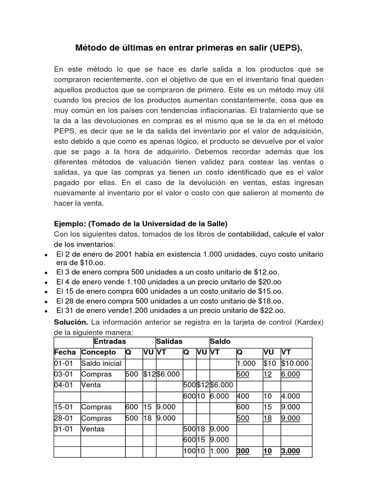 Ueps y Peps Ejemplo | Valoración empresarial | Inventario