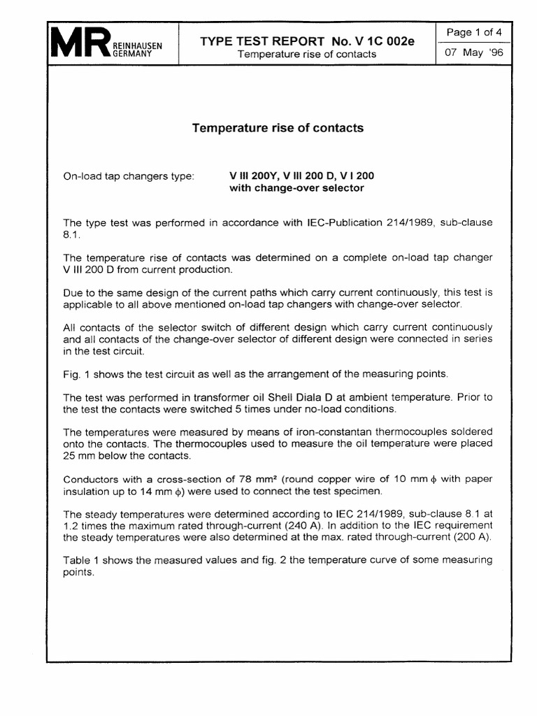 Type Test Report No. V 1C 002E: V III 200Y, V 111 200 D, V 1 200 With ...