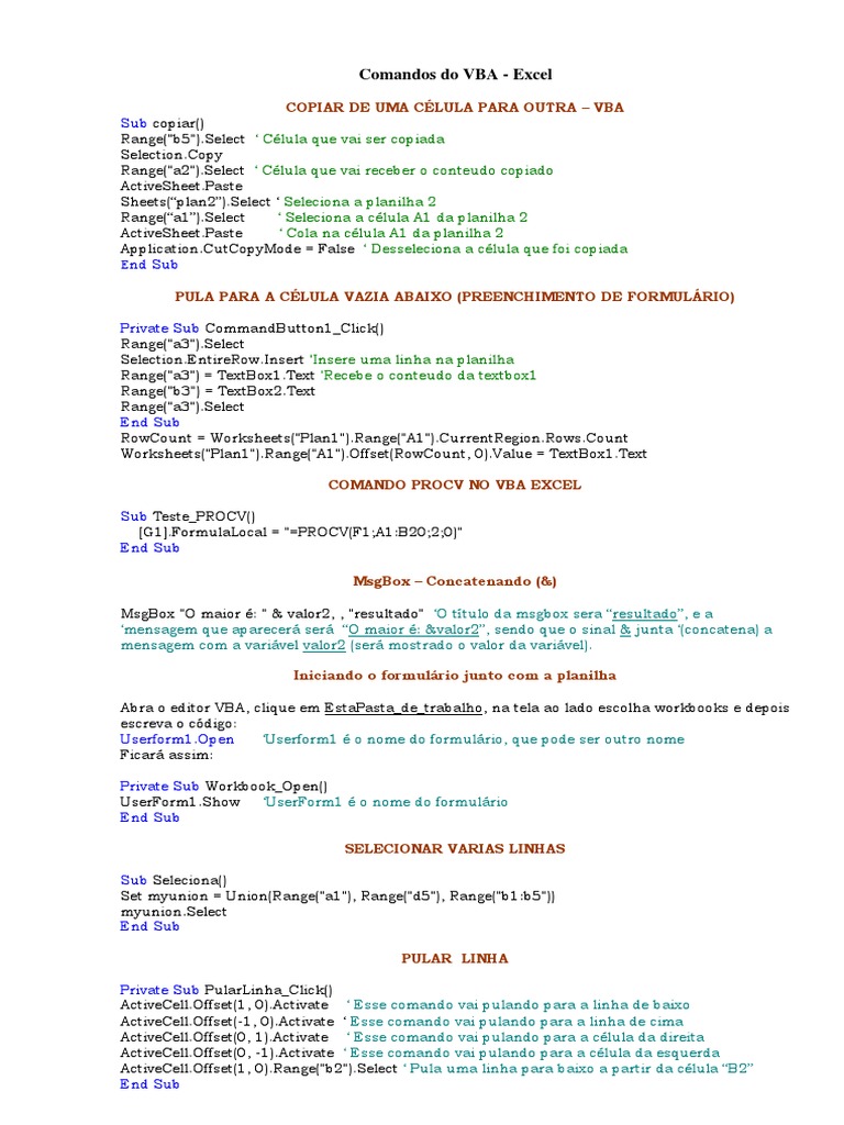 Comandos - Excel | PDF | Ascii | Planilha