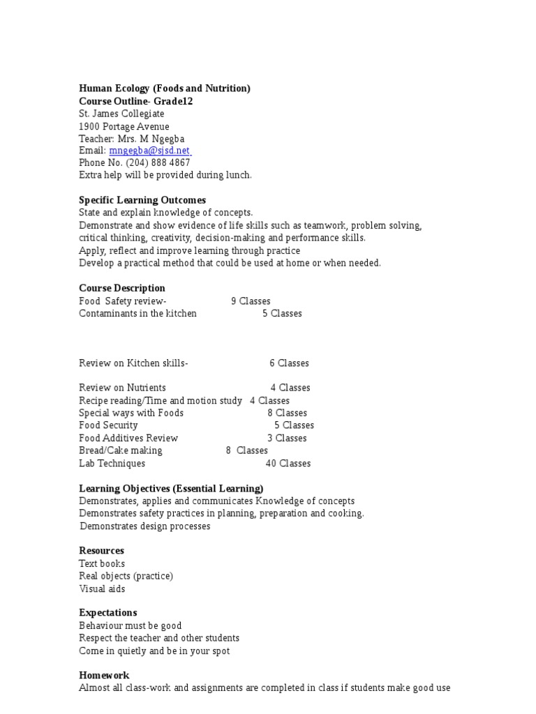 Course Outline-Grade 12 Food and Nutrition Doc2013 Timeline | PDF ...