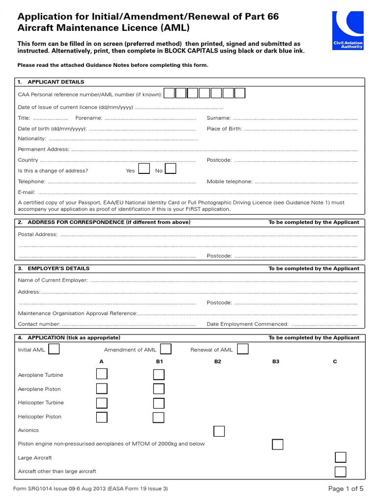 Application For Initial/Amendment/Renewal of Part 66 Aircraft ...
