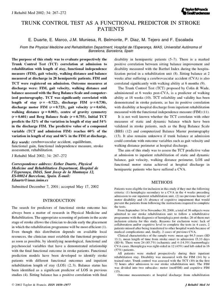 Trunk Control Test As A Functional Predictor in Stroke Patients | PDF ...