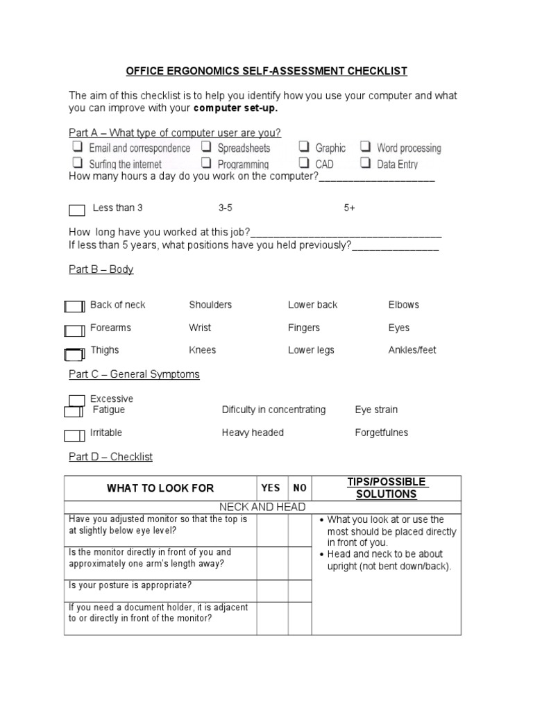 Office Ergonomics Self-Assessment Checklist: YES NO | PDF | Nature