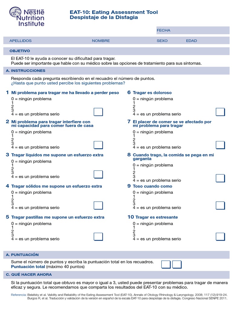 EAT-10 Despistaje de Disfagia | Ciencias de la Salud | Bienestar