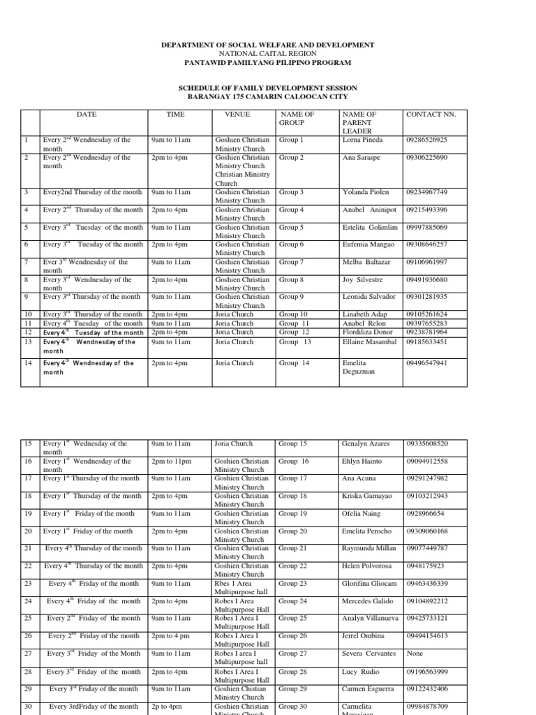 Family Development Session Schedule | Welfare | Poverty