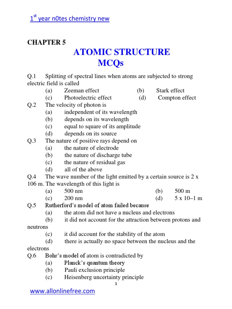 Atomic Structure MCQS: 1 Year N0tes Chemistry New | PDF | Atomic ...