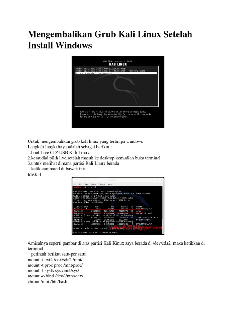 Mengembalikan Grub Kali Linux Setelah Install Windows | PDF