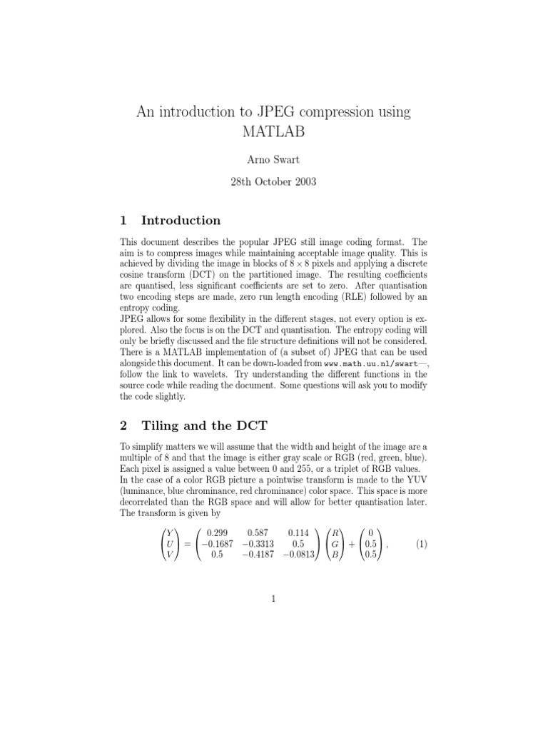 An Introduction To Jpeg Compression Using Matlab Arno Swart 28th October 2003 Pdf Data