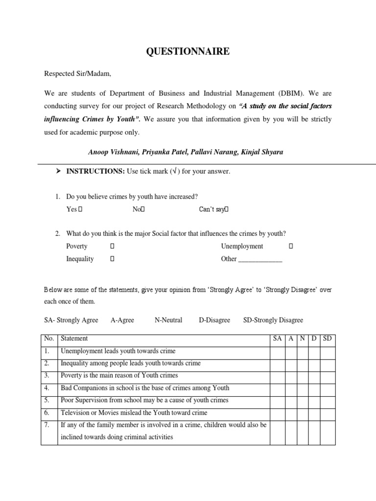 Questionnaire: Influencing Crimes by Youth". We Assure You That ...